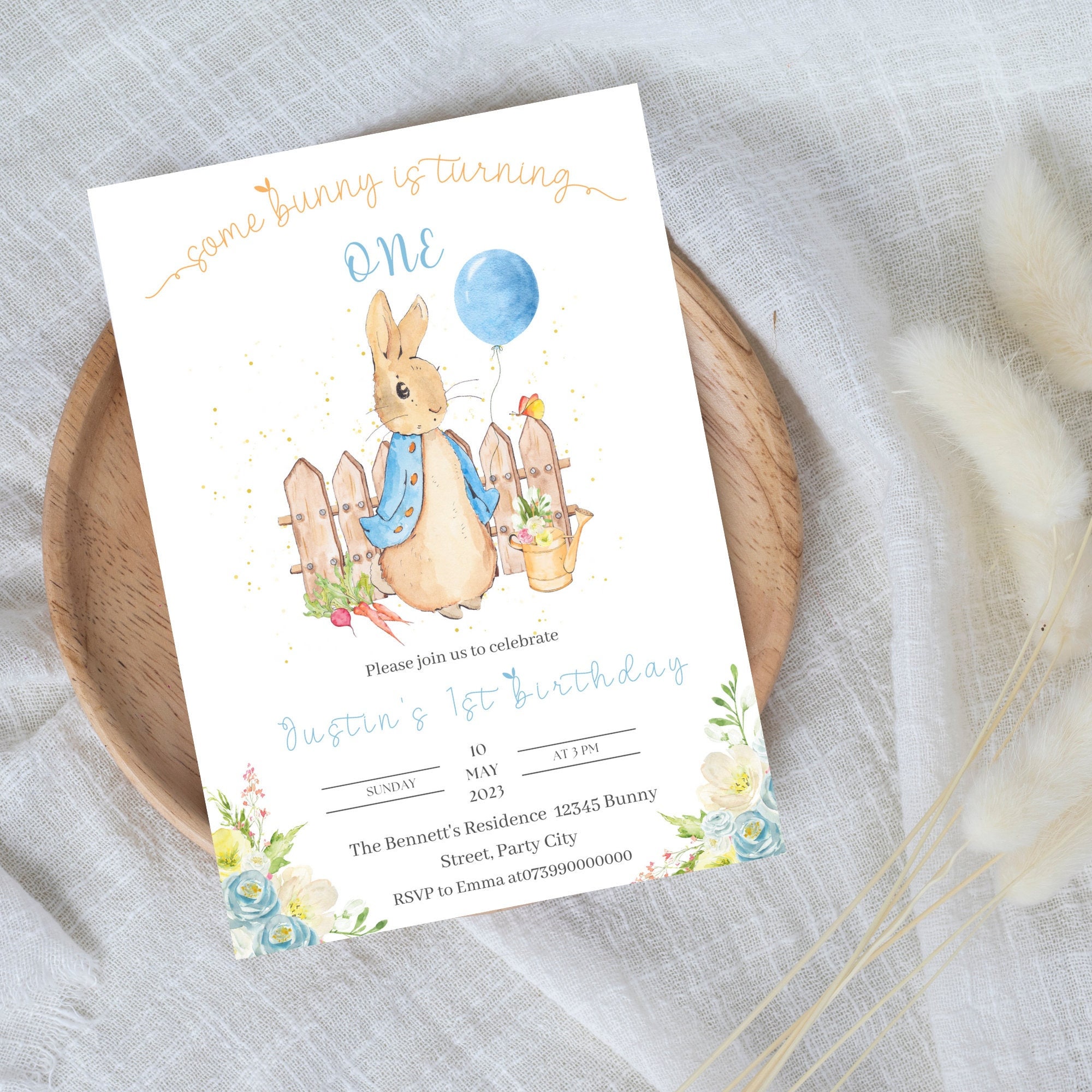 Editable Peter Rabbit 1st Birthday Party Invitation, Rustic Bunny First ...