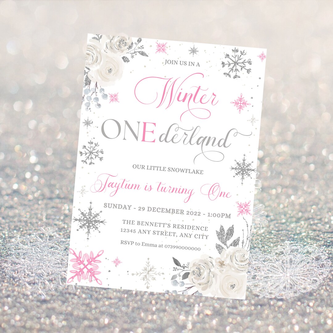 Editable Winter Onederland Invitation Pink Girl Winter Onederland ...