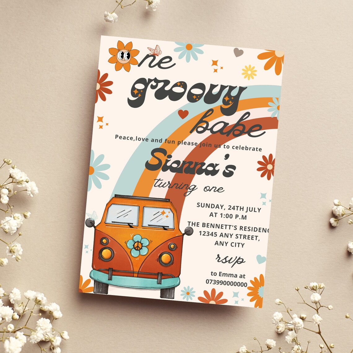 Editable One Groovy Babe 1st Birthday Party Invitation Girl - Etsy