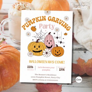 Editable Pumpkin Carving Party Invitation Retro Spooky Pumpkin ...