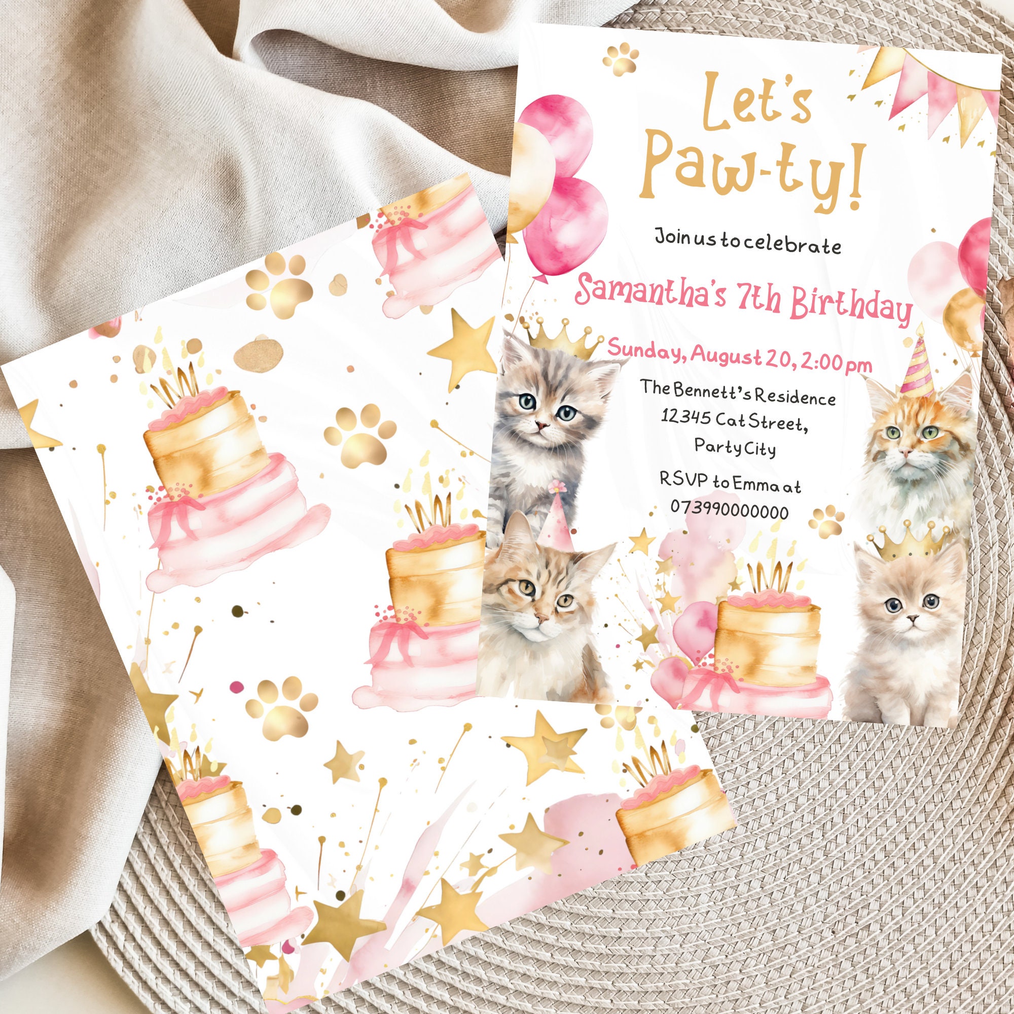 Editable Cat Invitation, Cute Cats Birthday Invite, Kitty Cat Birthday ...