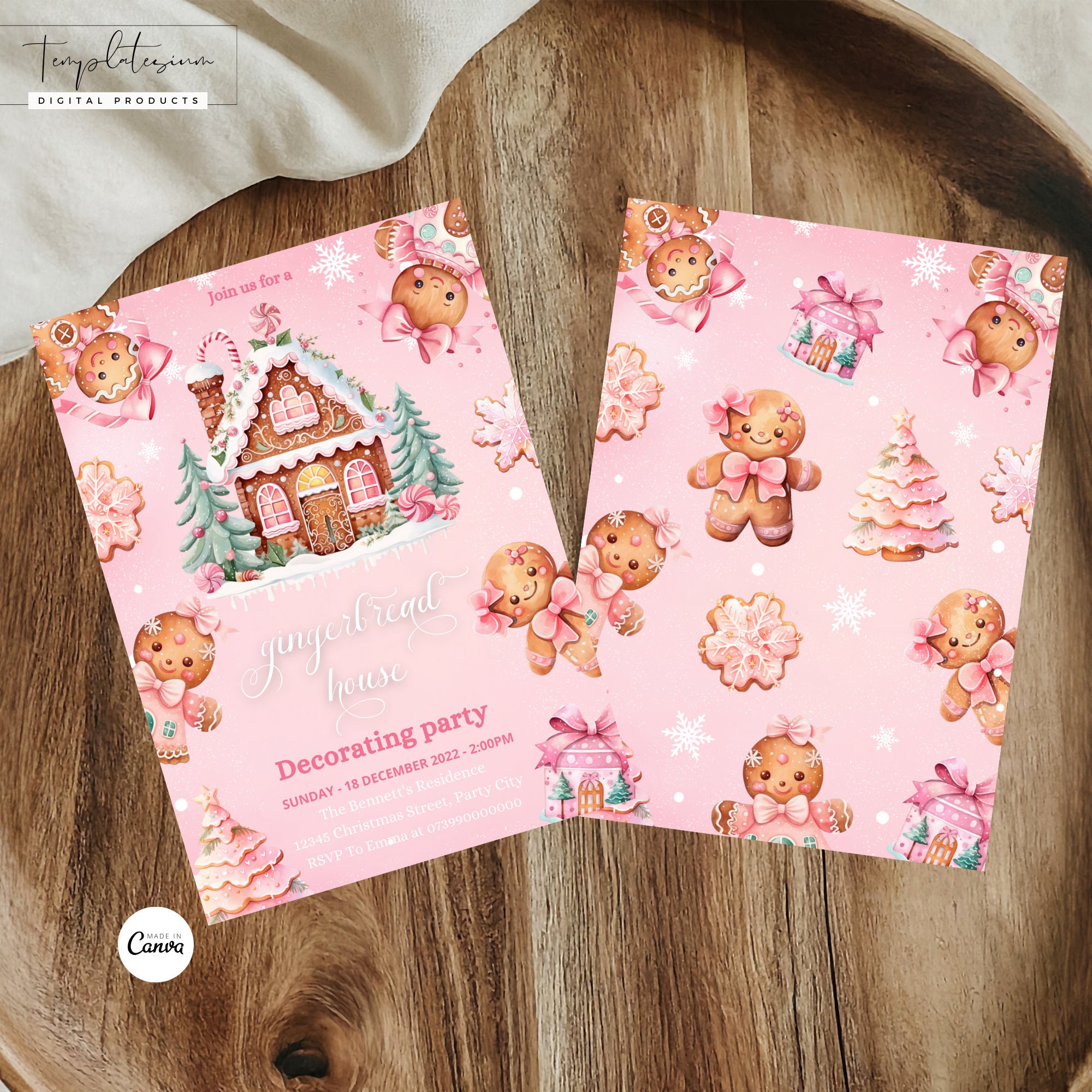 Editable Gingerbread House Decorating Party Invitation, Pink ...