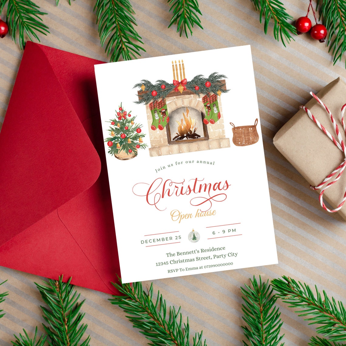 Editable Christmas Open House Party Invitation Rustic - Etsy UK