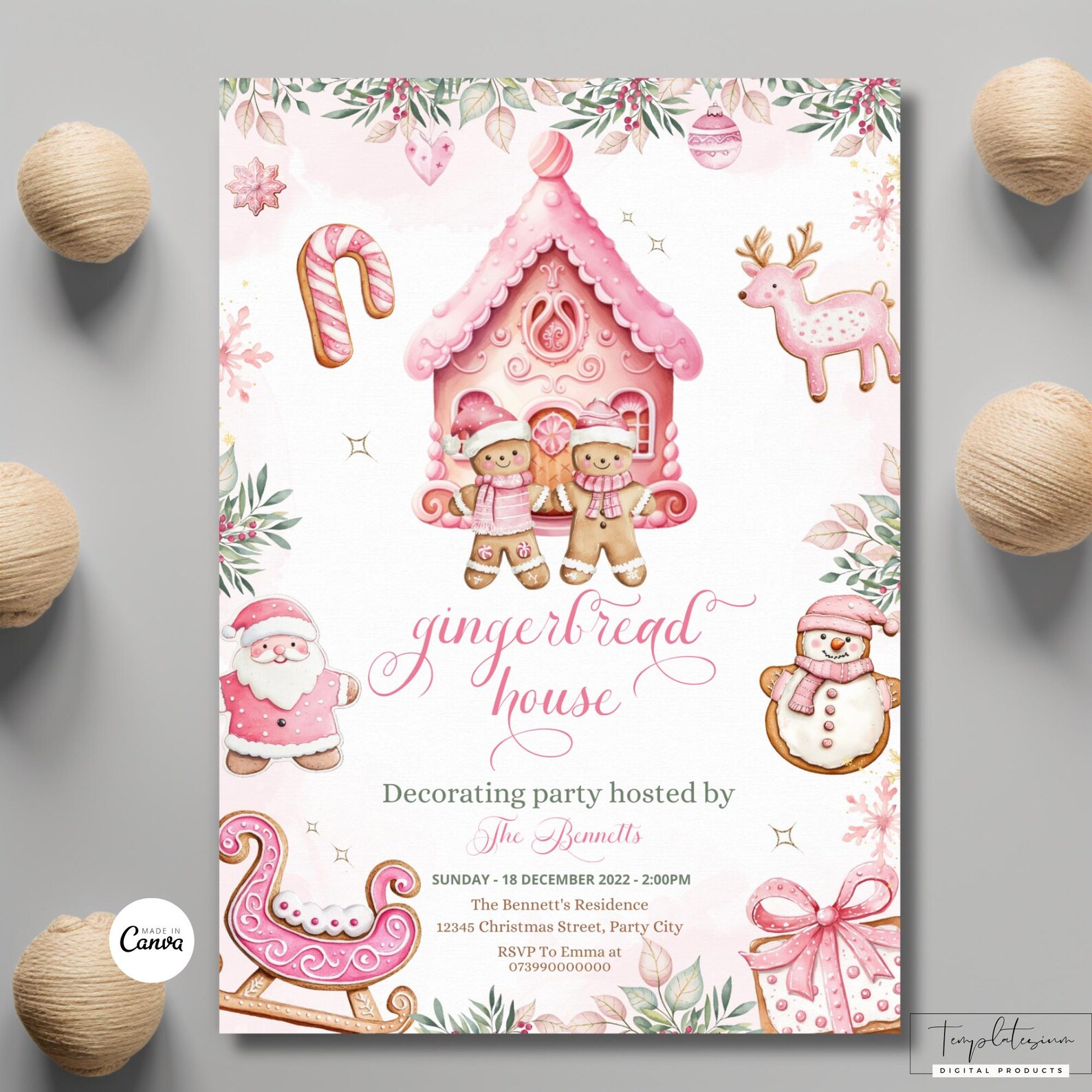 Editable Gingerbread House Decorating Party Invitation, Pink ...