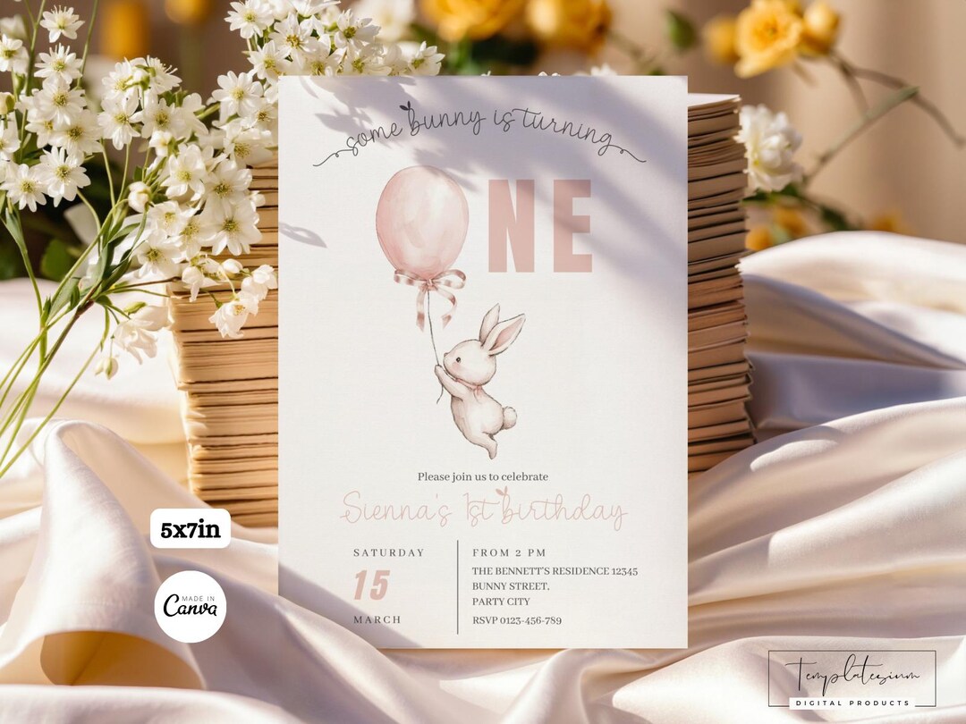 Rustic Bunny First Birthday Invitation: Minimalist Some Bunny is One ...