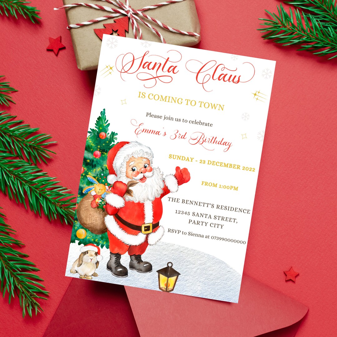 Editable Santa Claus is Coming to Town Party Invitation, Christmas ...