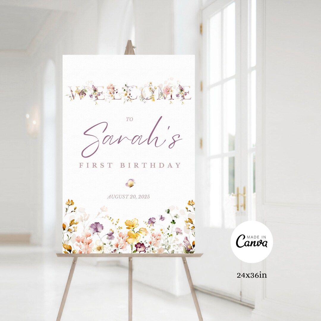 Editable First Birthday Welcome Sign Floral 1st Birthday Poster Floral ...