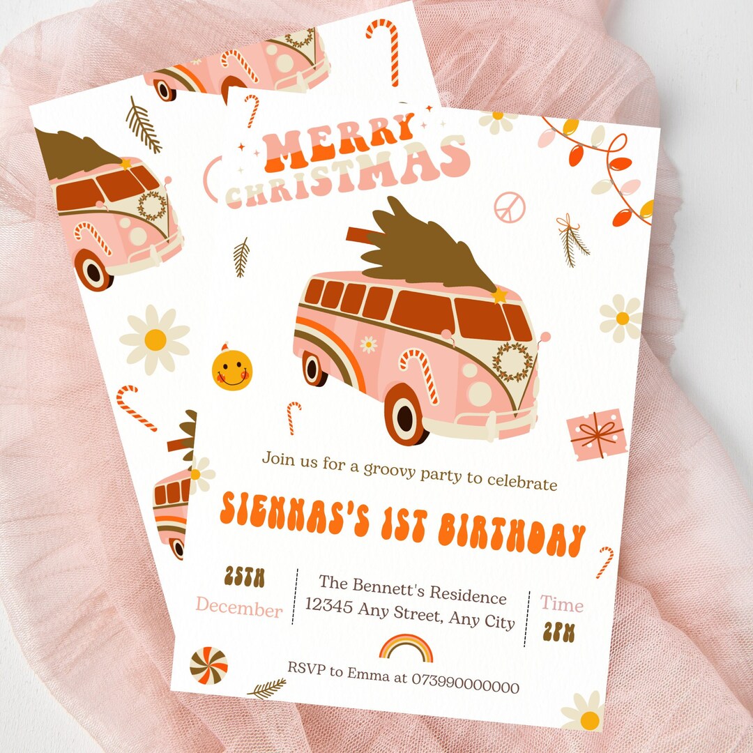 Editable Christmas Birthday Invitation, One Groovy Year 1st Birthday ...