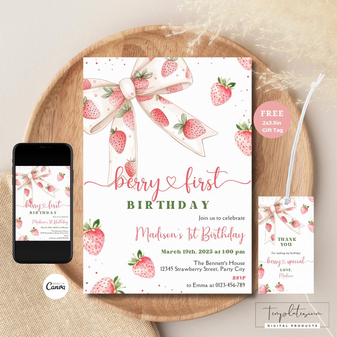 Editable Berry First Birthday Invitation, Berry 1st Birthday Invite ...