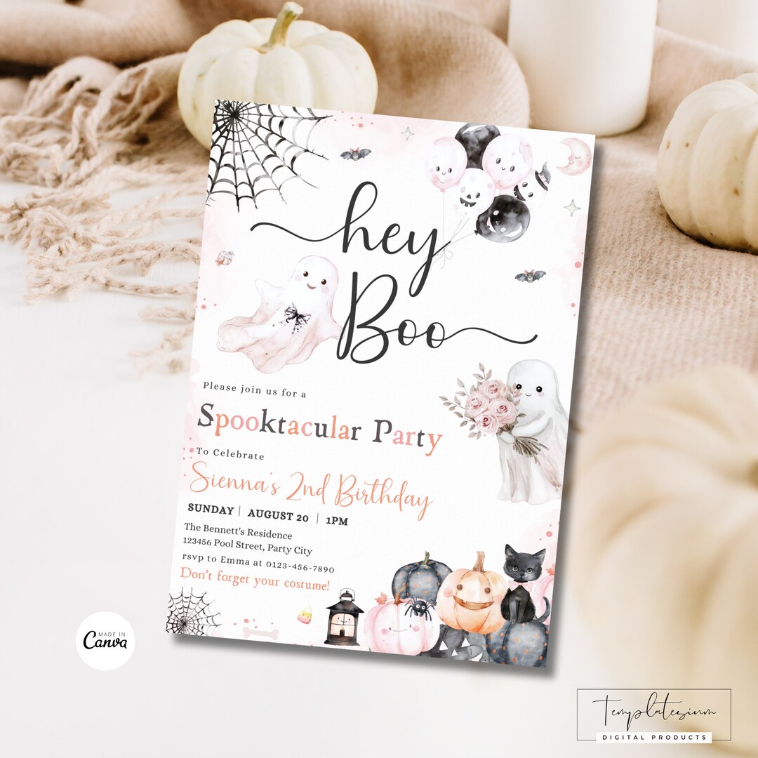 Editable Halloween Pink Ghost Birthday Invitation Hey Boo Girly Cute ...