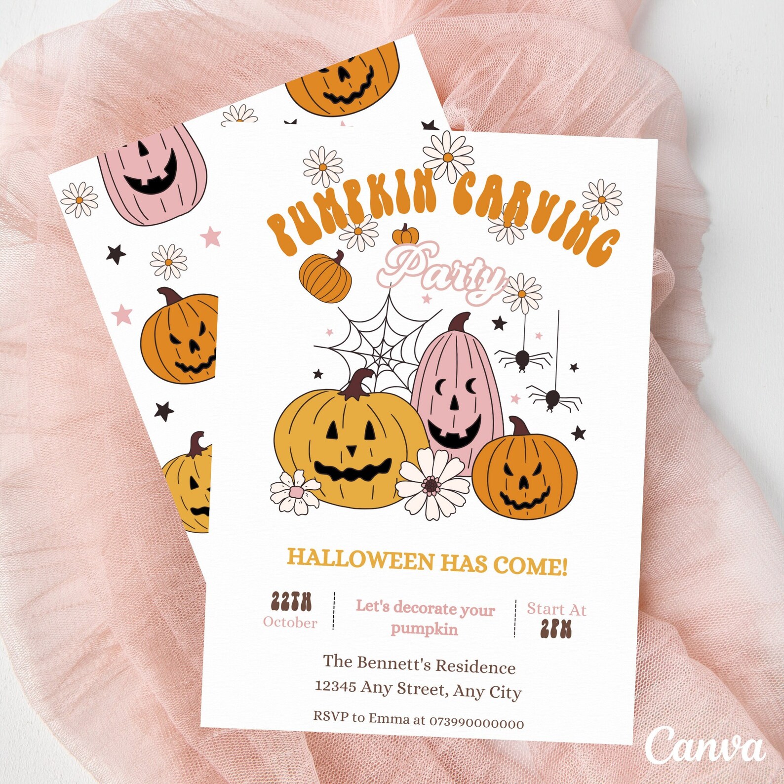 Editable Pumpkin Carving Party Invitation Retro Hippie Spooky - Etsy