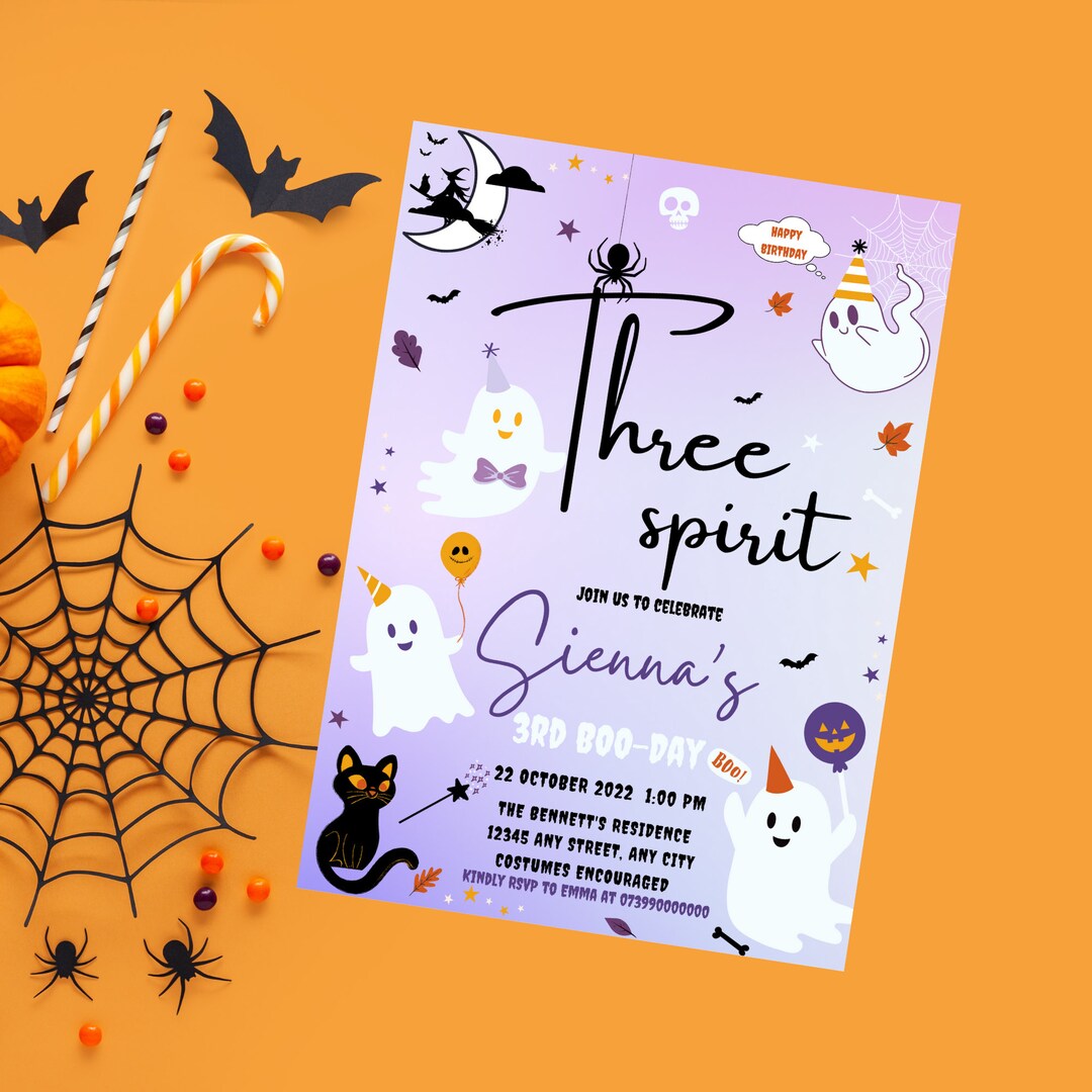 Editable Three Spirit Halloween Ghost 3rd Birthday Party Invitation ...