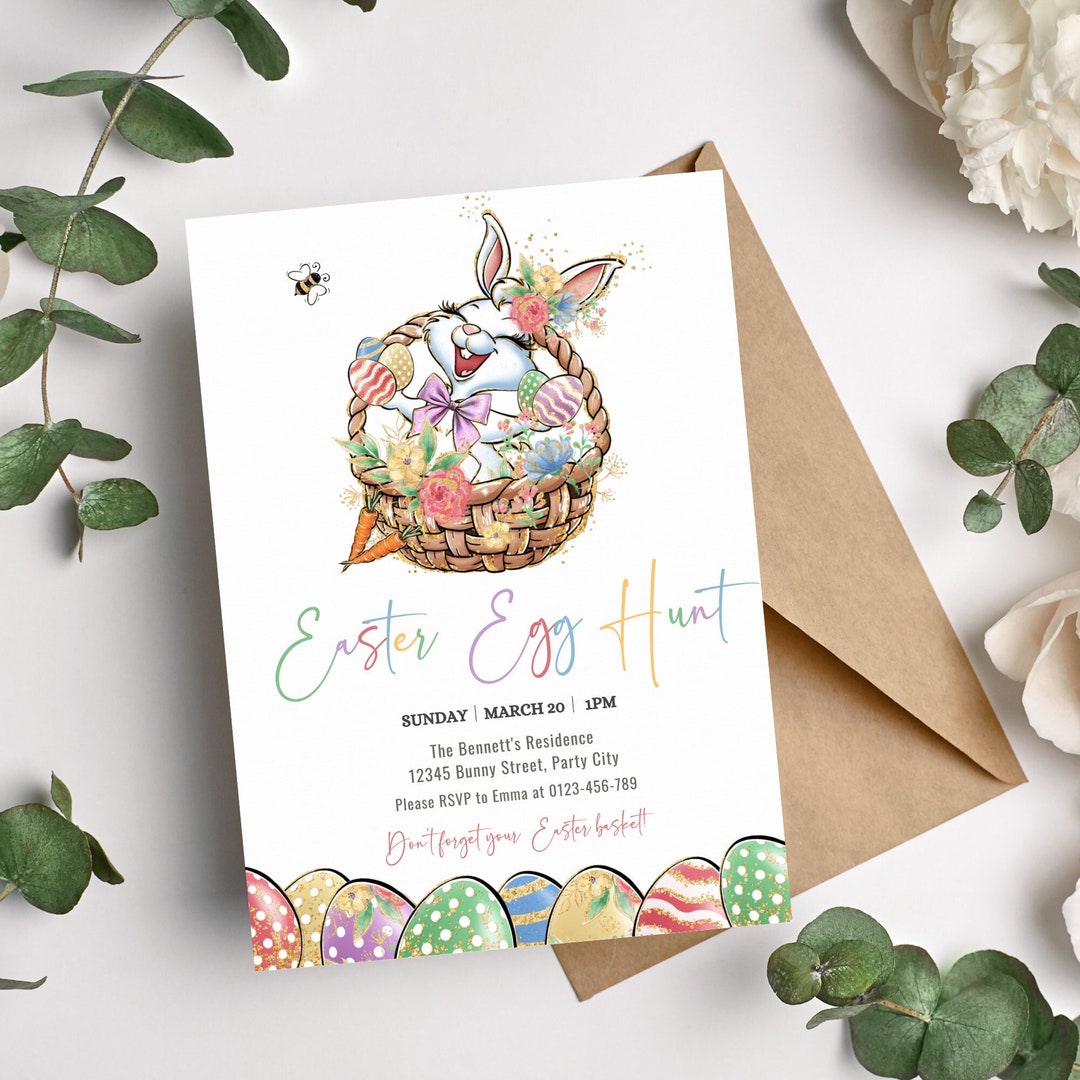 Editable Easter Egg Hunt Invitation, Egg Hunt Easter Card, Bunny Easter ...