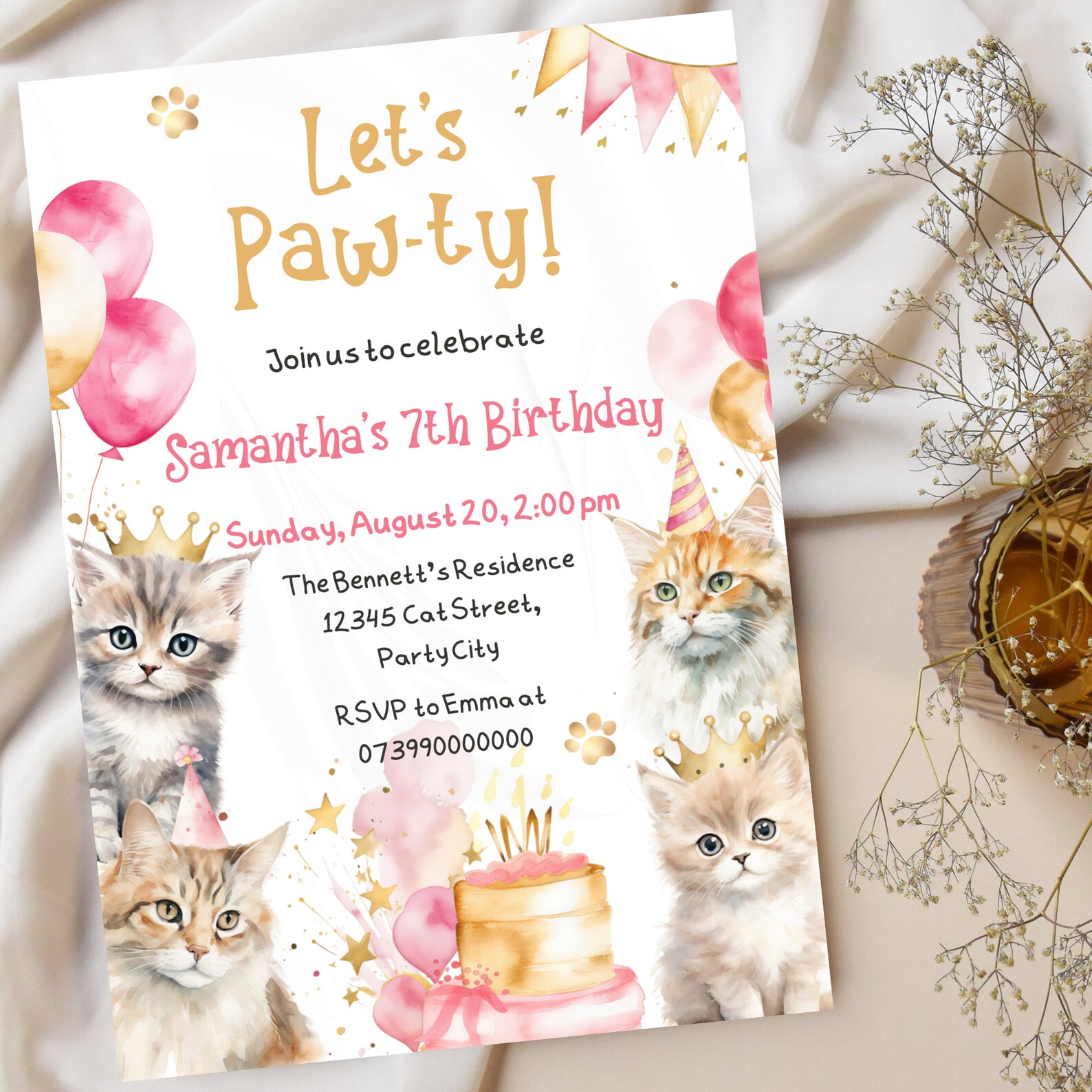 Editable Cat Invitation, Cute Cats Birthday Invite, Kitty Cat Birthday ...