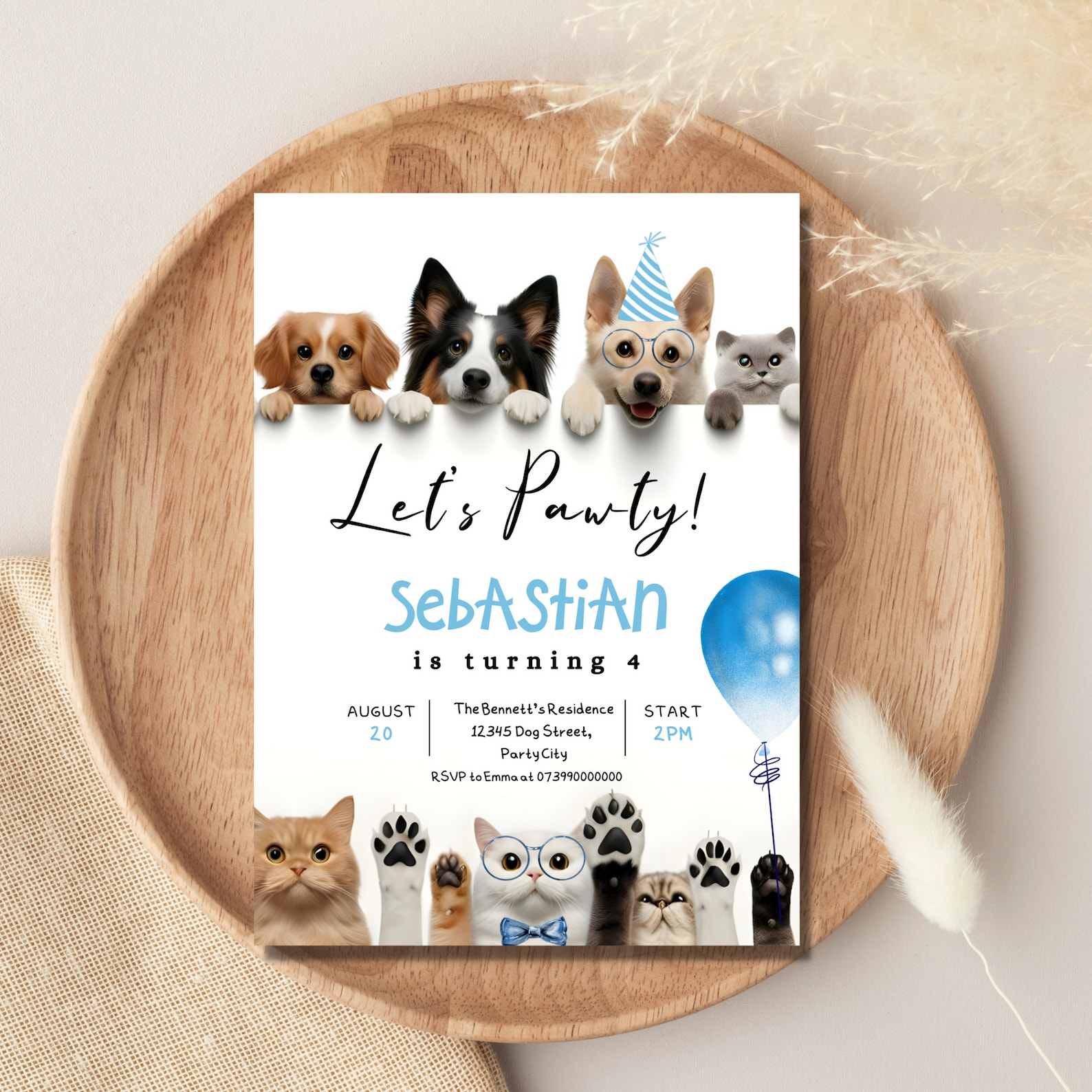 Editable Dog and Cat Birthday Party Invitation Pawty Birthday Party Boy ...