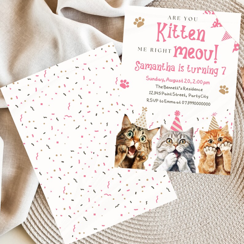 Editable Cat Invitation Cute Cats Birthday Invite Kitty Cat - Etsy