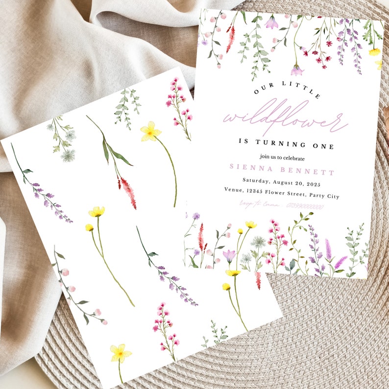 Editable Wildflower 1st Birthday Party Invitation Template, Wildflower ...