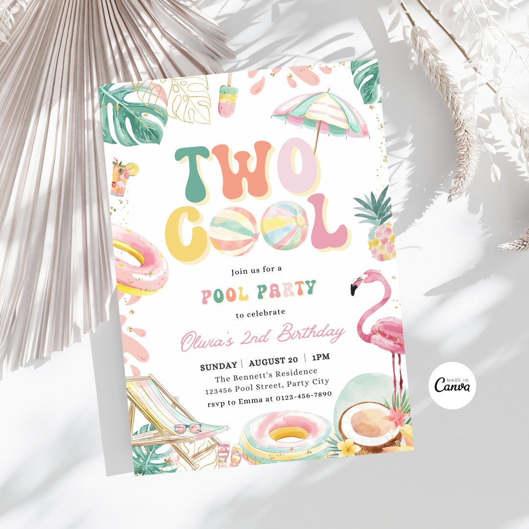 Tropical Pool Party Girl 2nd Birthday Invitation Editable Two Cool ...