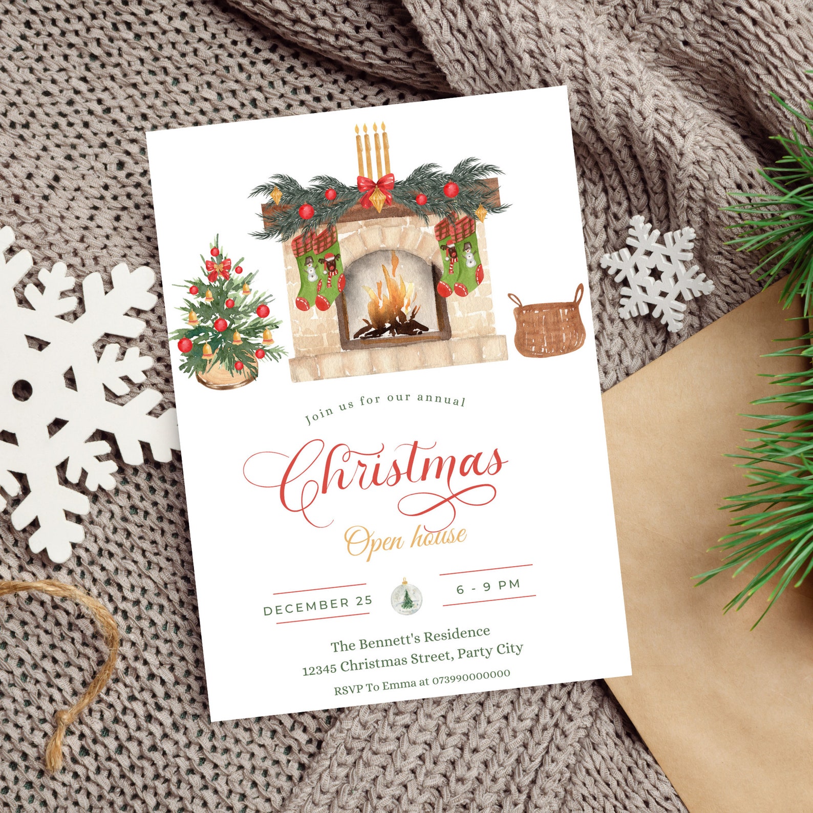 Editable Christmas Open House Party Invitation Rustic - Etsy UK