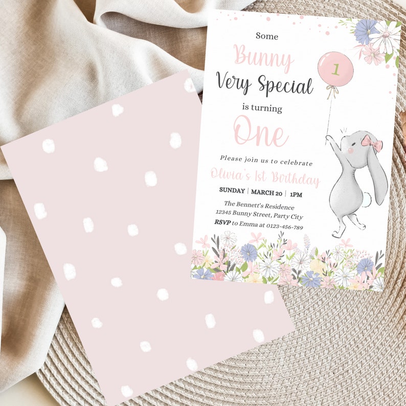 Editable Bunny 1st Birthday Invitation, Girl Any Age Bunny Birthday ...
