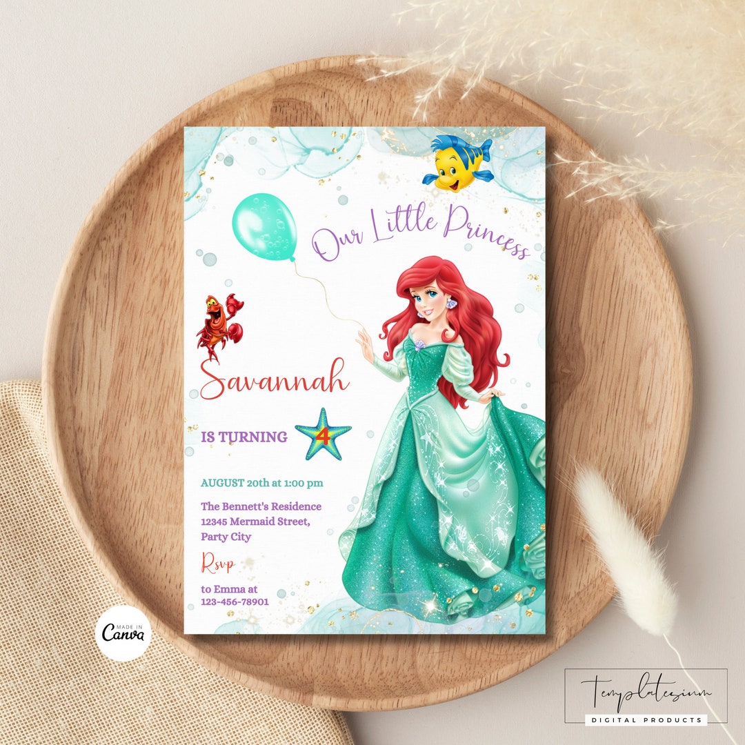 Editable Princess Ariel Invitation Little Mermaid Birthday Invite ...