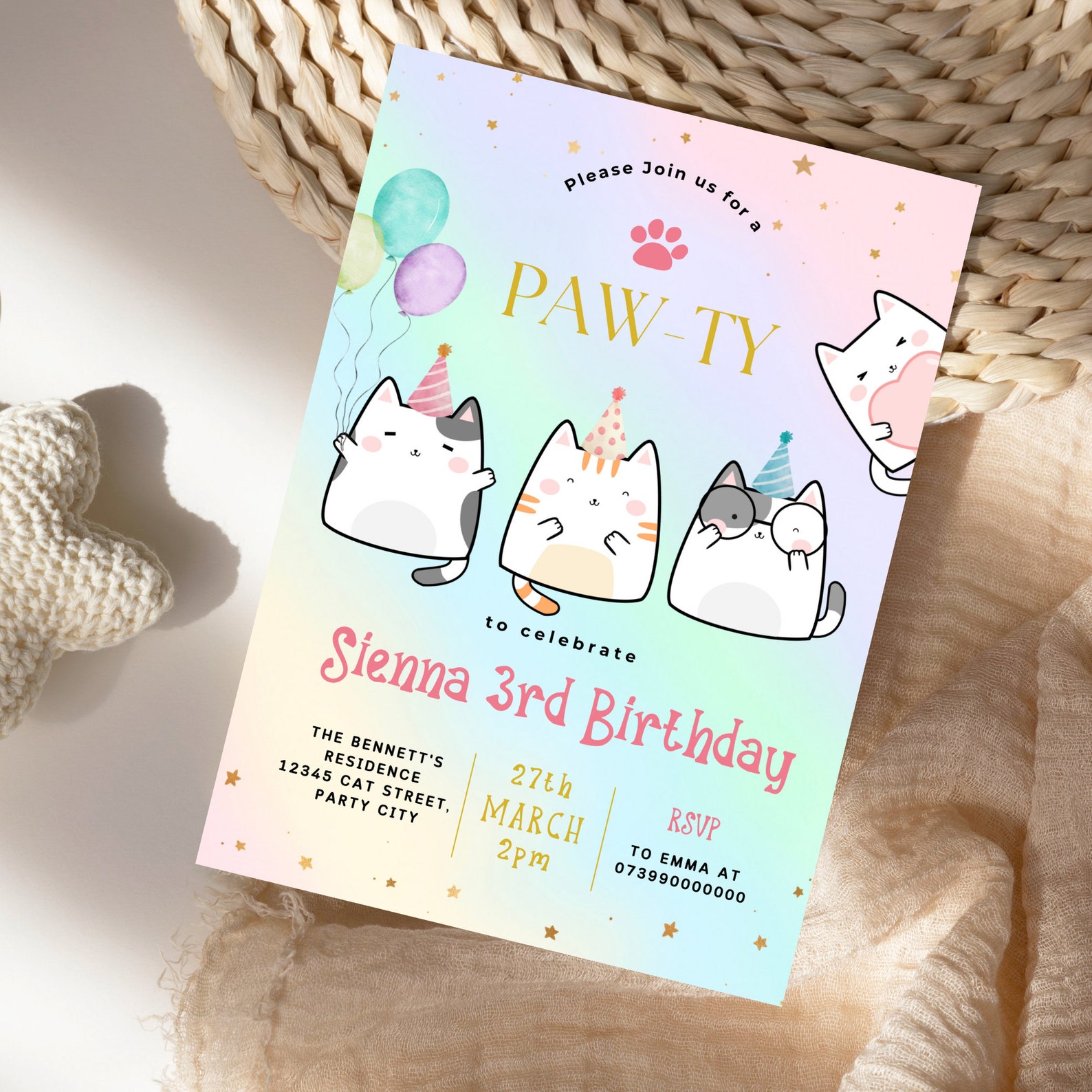 Editable Cat Invitation, Kitten Birthday Invite, Rainbow Kitty Cat ...