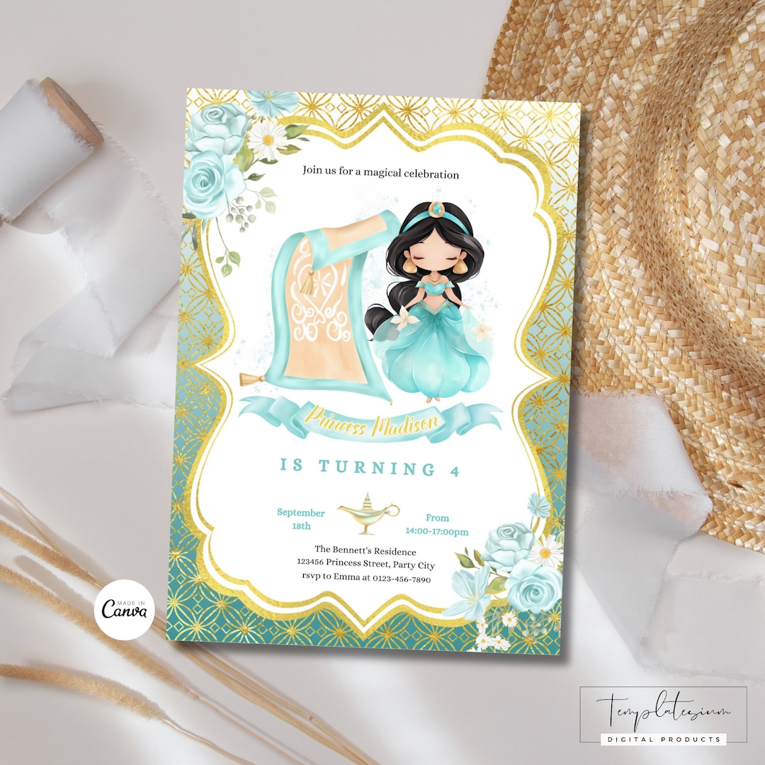 Editable Jasmine Birthday Invitation Princess Jasmine Invite Magical ...