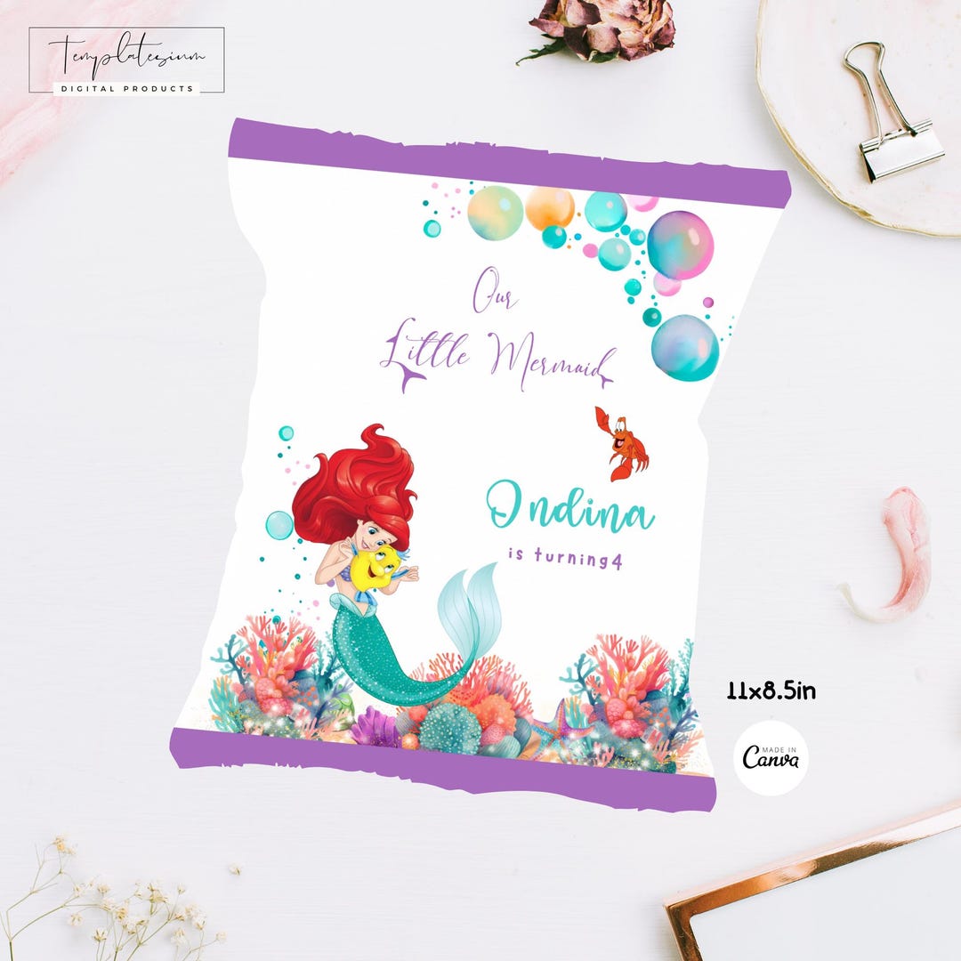 Editable Little Mermaid Birthday Party Chip Bags Wrapper Label Little ...