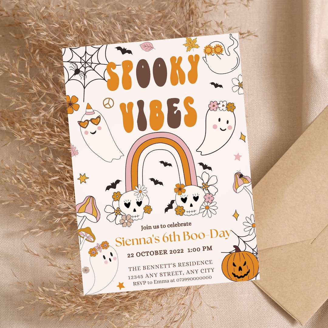 Editable Halloween Spooky Vibes Cute Ghost Birthday Party Invite, Retro ...