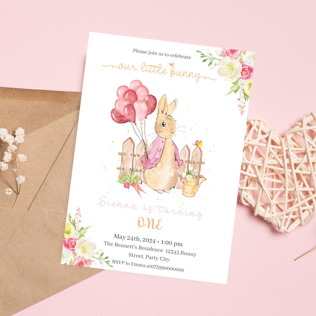 Peter Rabbit Invitation, Editable Invite Template, Rustic Bunny, Peter ...