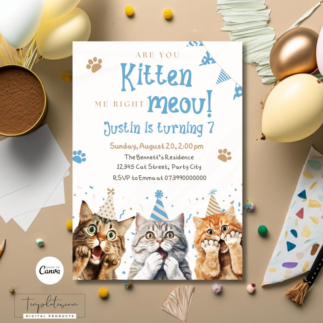 Editable Cat Invite Cute Cats Birthday Invite, Kitty Cat Boy Birthday ...