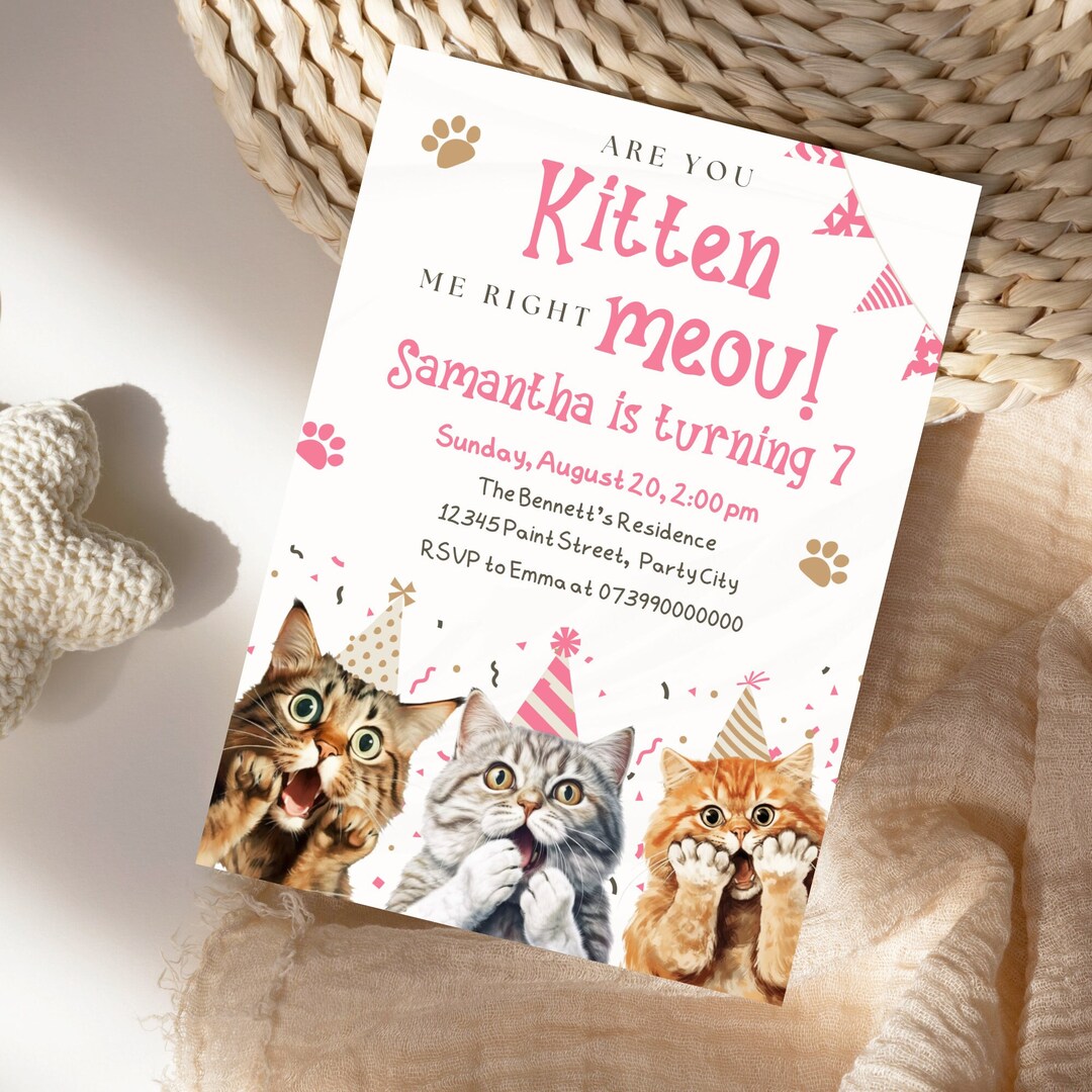 Editable Cat Invitation Cute Cats Birthday Invite Kitty Cat - Etsy