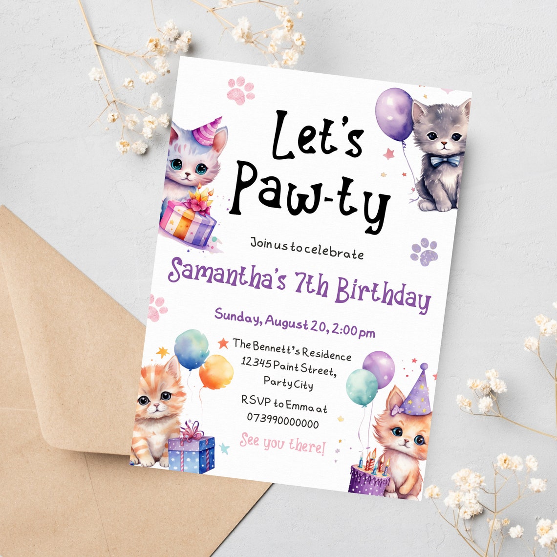 Editable Cat Invitation, Cute Cats Birthday Invite, Kitty Cat Birthday ...