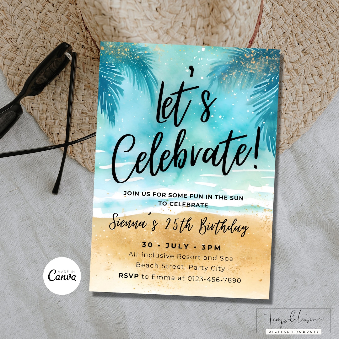 Beach Party Invitation Template Celebration Birthday Invite Beach ...