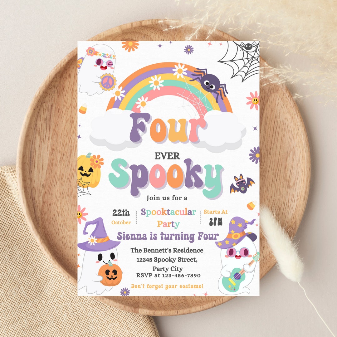 Editable Four Ever Spooky Halloween 4th Birthday Ghost Birthday Invite ...