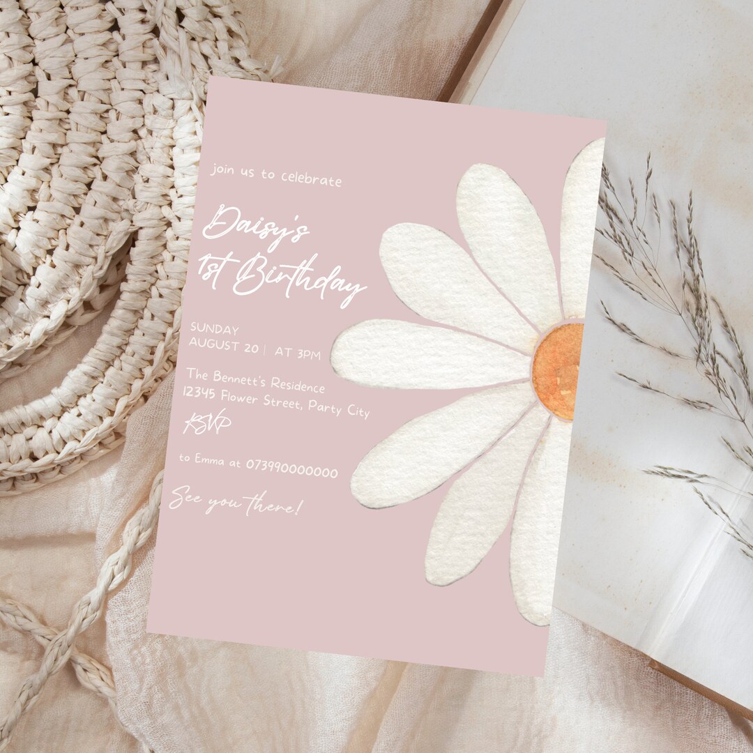 Editable Daisy First Birthday Invitation Retro Daisy 1st Birthday ...