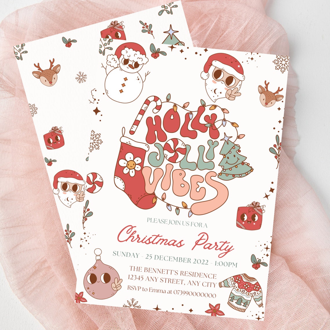 Editable Holly Jolly Vibes Party Invitation Groovy Christmas - Etsy