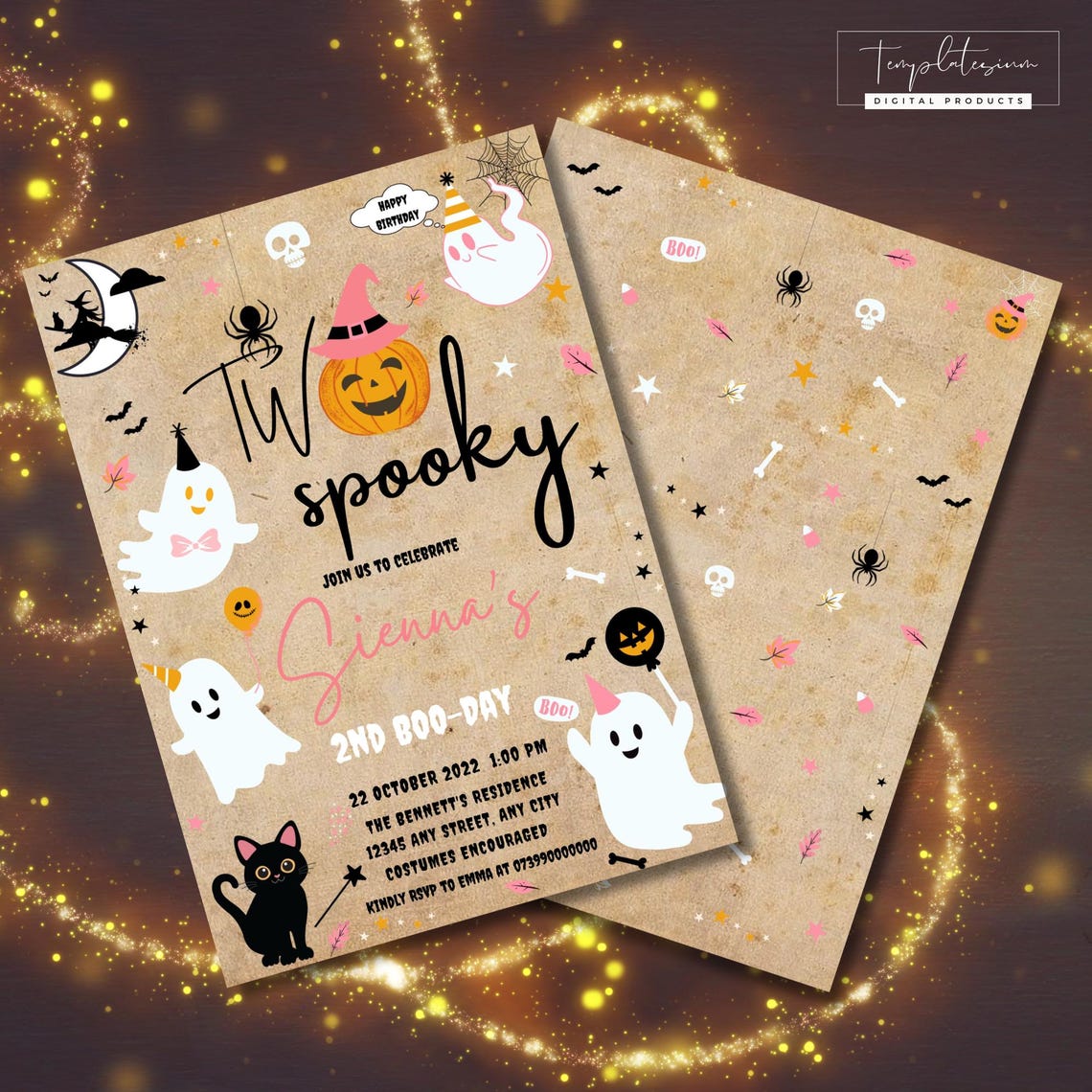 Editable Two Spooky Vintage Halloween Ghost 2nd Birthday Party Invite ...