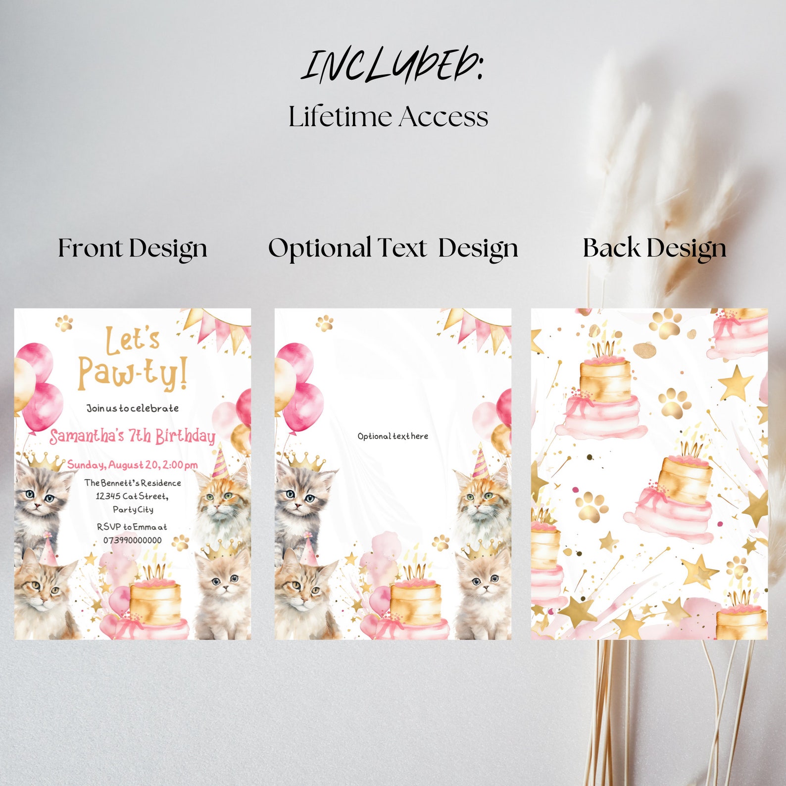 Editable Cat Invitation, Cute Cats Birthday Invite, Kitty Cat Birthday ...