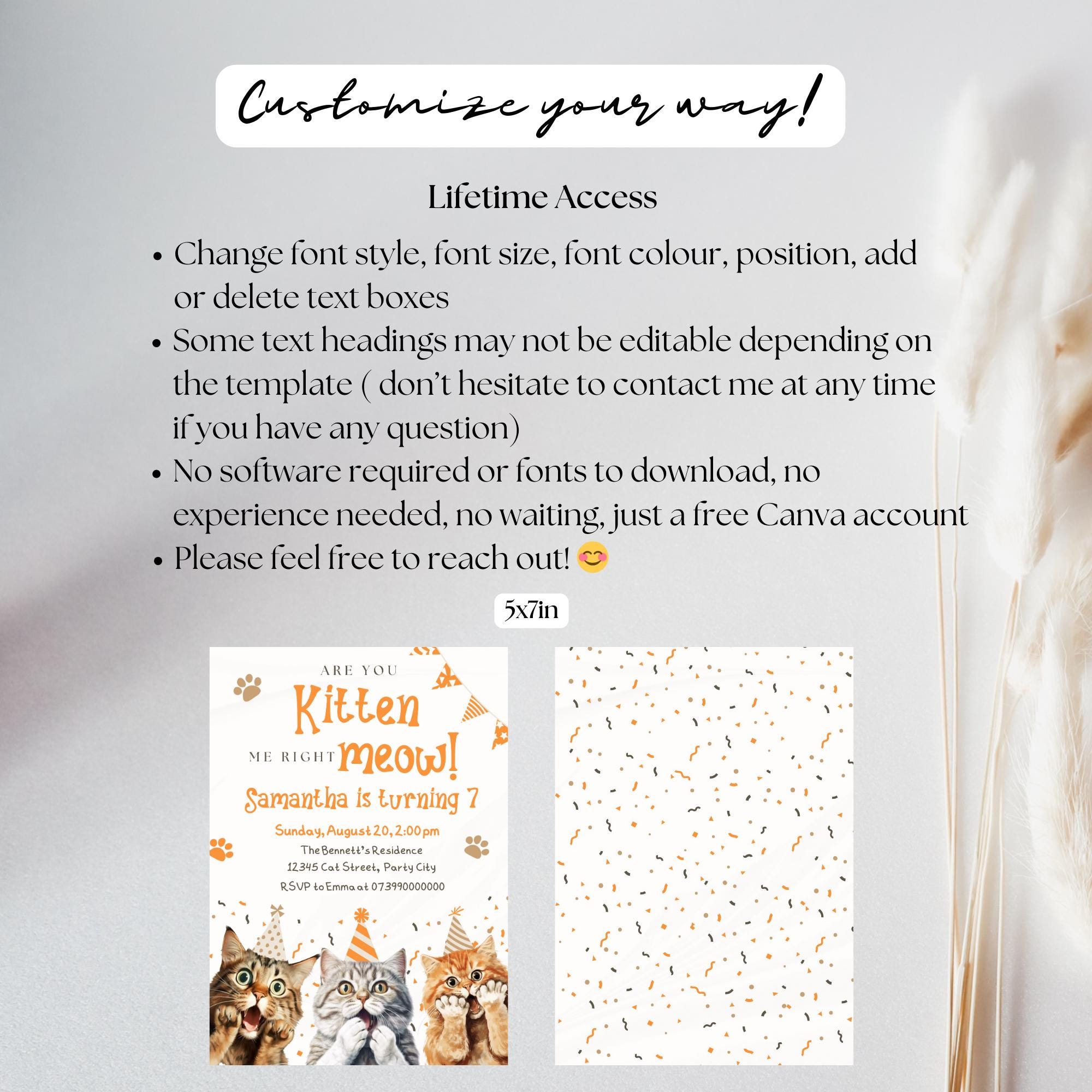 Editable Cat Invitation, Cute Cats Birthday Invite, Kitty Cat Birthday ...