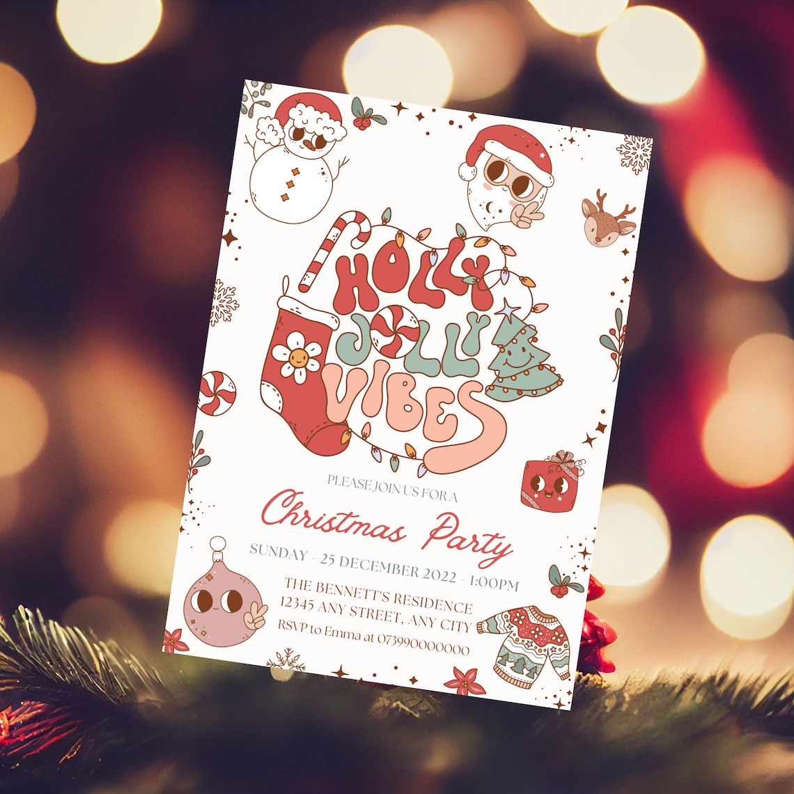 Editable Holly Jolly Vibes Party Invitation Groovy Christmas - Etsy