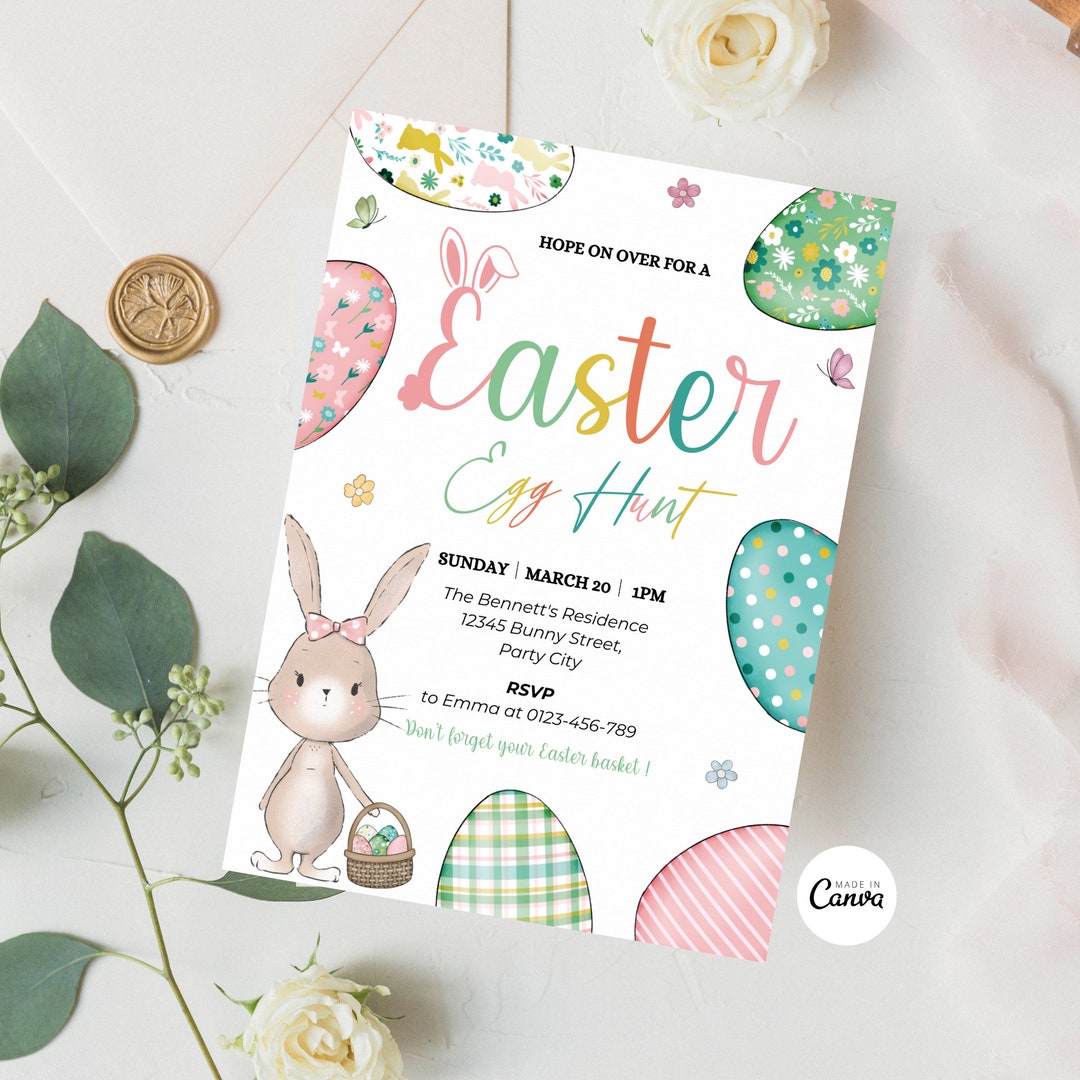 Editable Easter Egg Hunt Invitation, Egg Hunt Easter Card, Bunny Easter ...