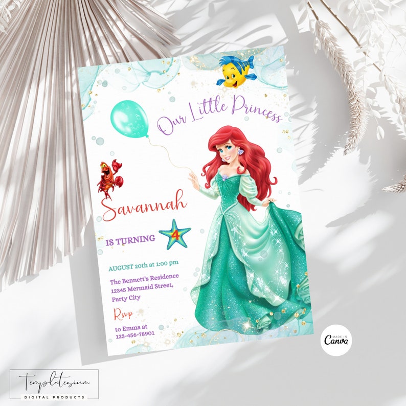 Editable Princess Ariel Invitation Little Mermaid Birthday Invite ...