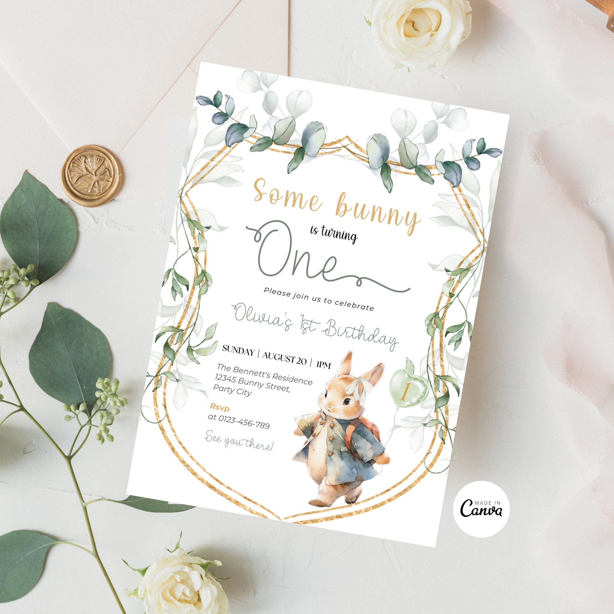 Editable Bunny 1st Birthday Invitation, Girl Any Age Bunny Birthday ...