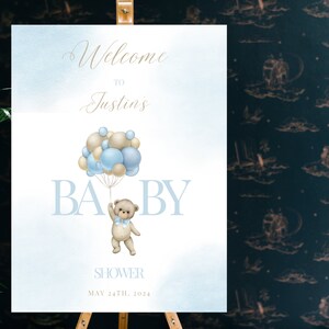 Editable Teddy Bear Balloons Baby Shower Welcome Sign, Boy Blue ...