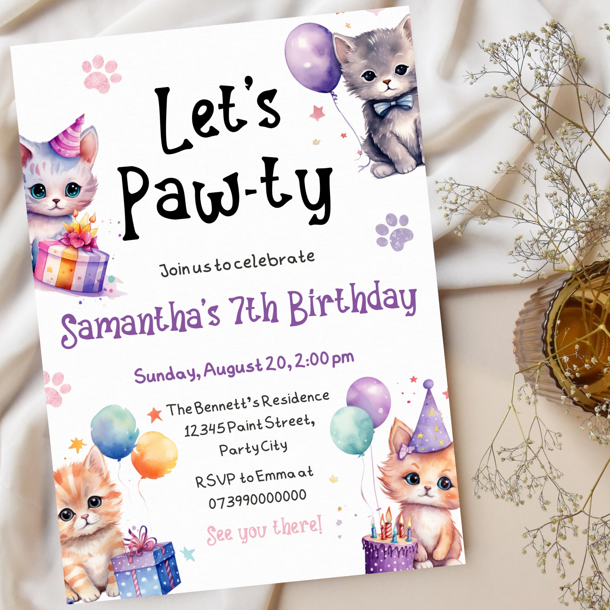 Editable Cat Invitation, Cute Cats Birthday Invite, Kitty Cat Birthday ...