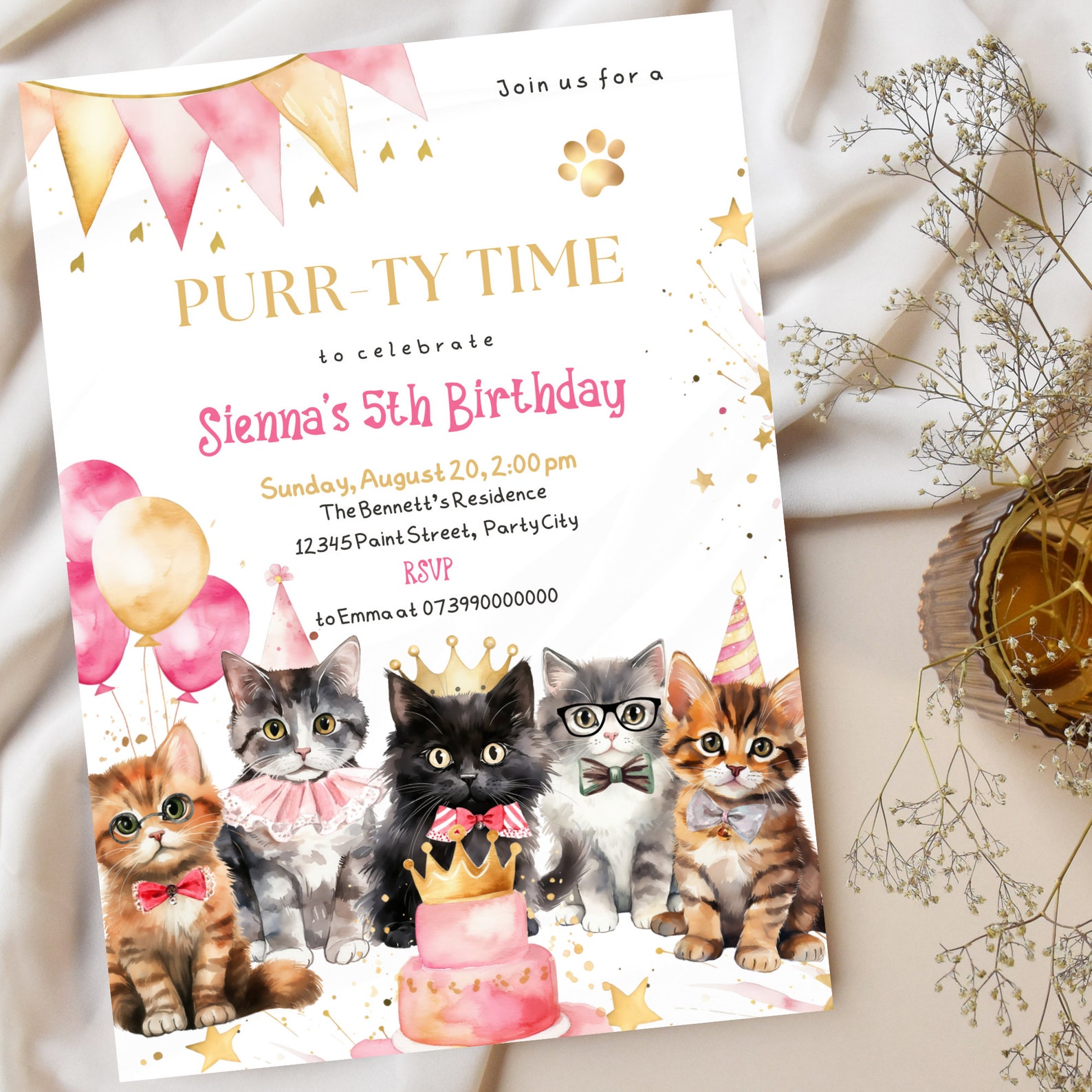 Editable Cat Invitation, Cute Cats Birthday Invite, Kitty Cat Birthday ...