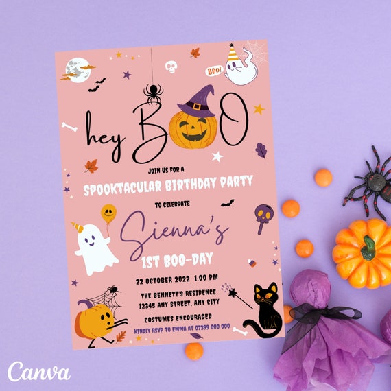 Editable Halloween Pink Ghost Birthday Invitation Hey Boo - Etsy