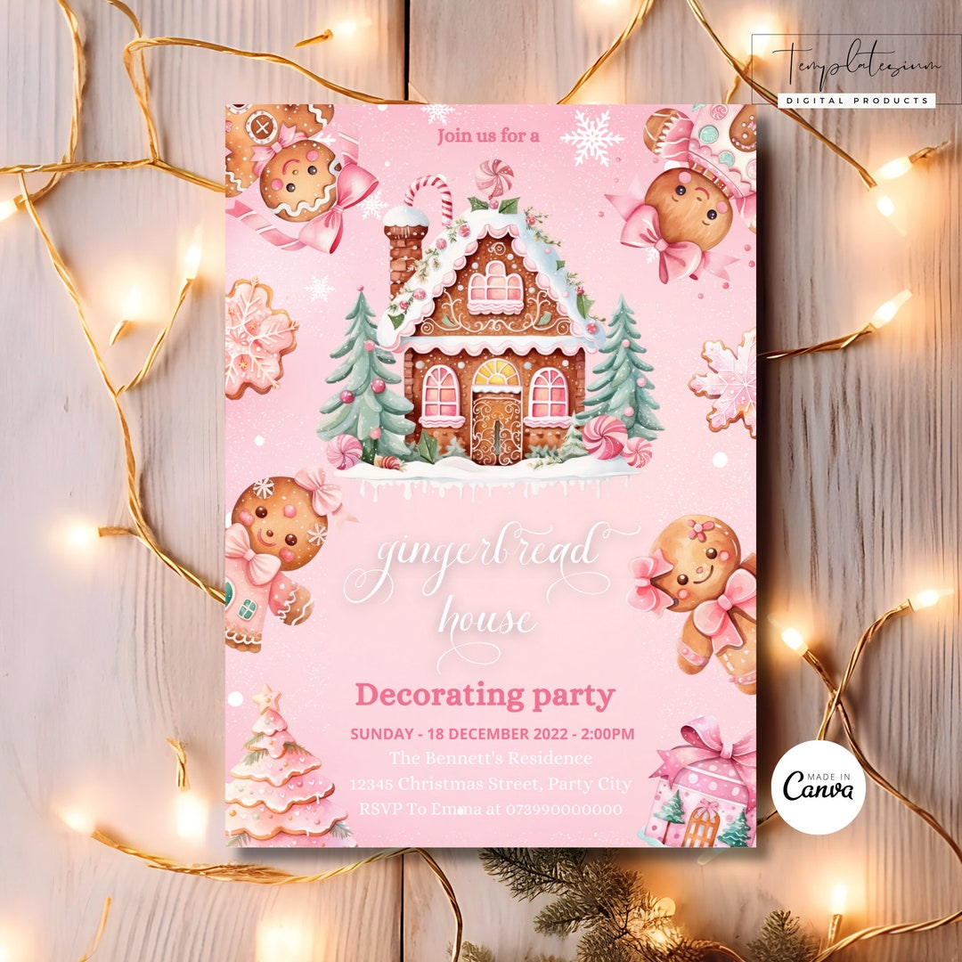 Editable Gingerbread House Decorating Party Invitation, Pink ...