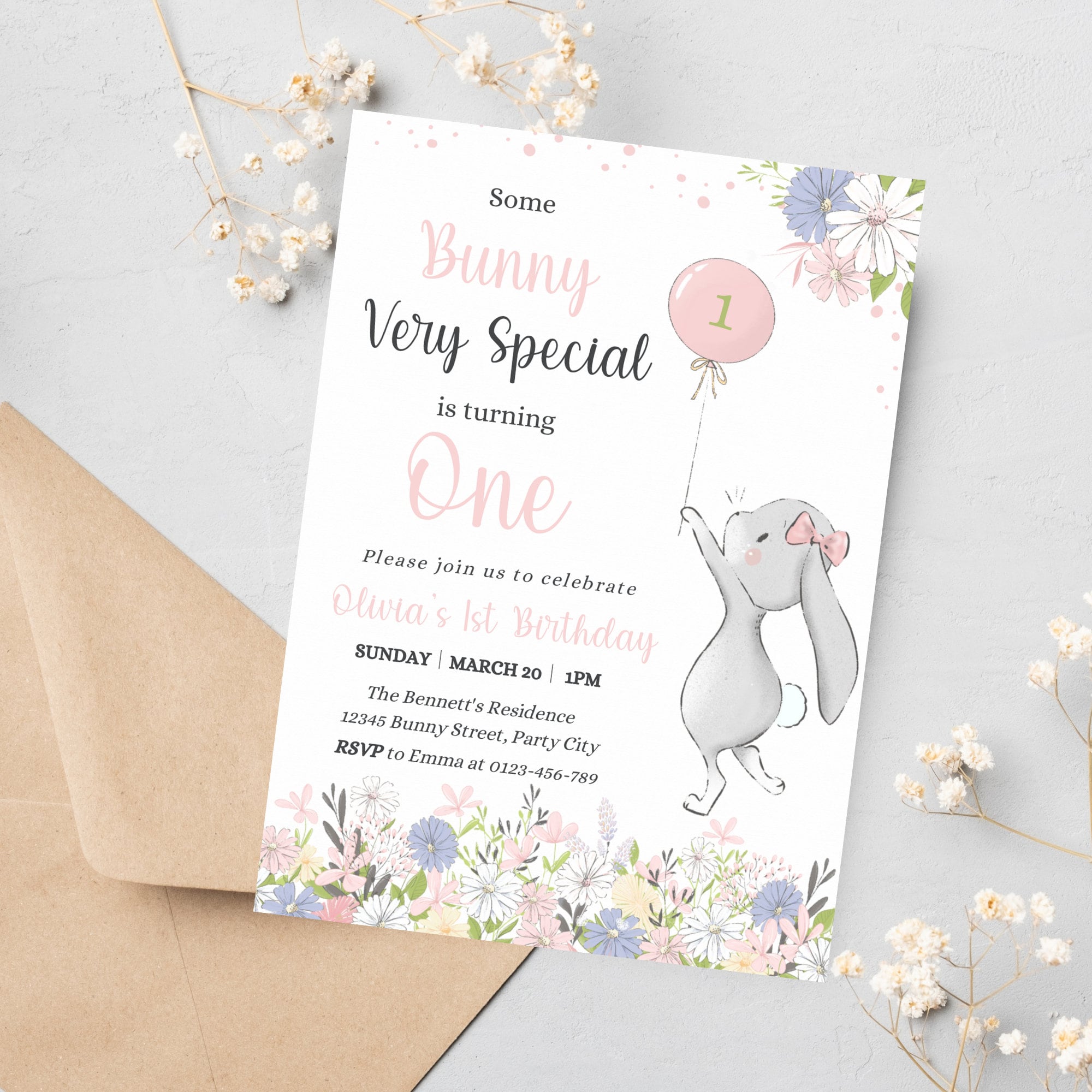 Editable Bunny 1st Birthday Invitation, Girl Any Age Bunny Birthday ...